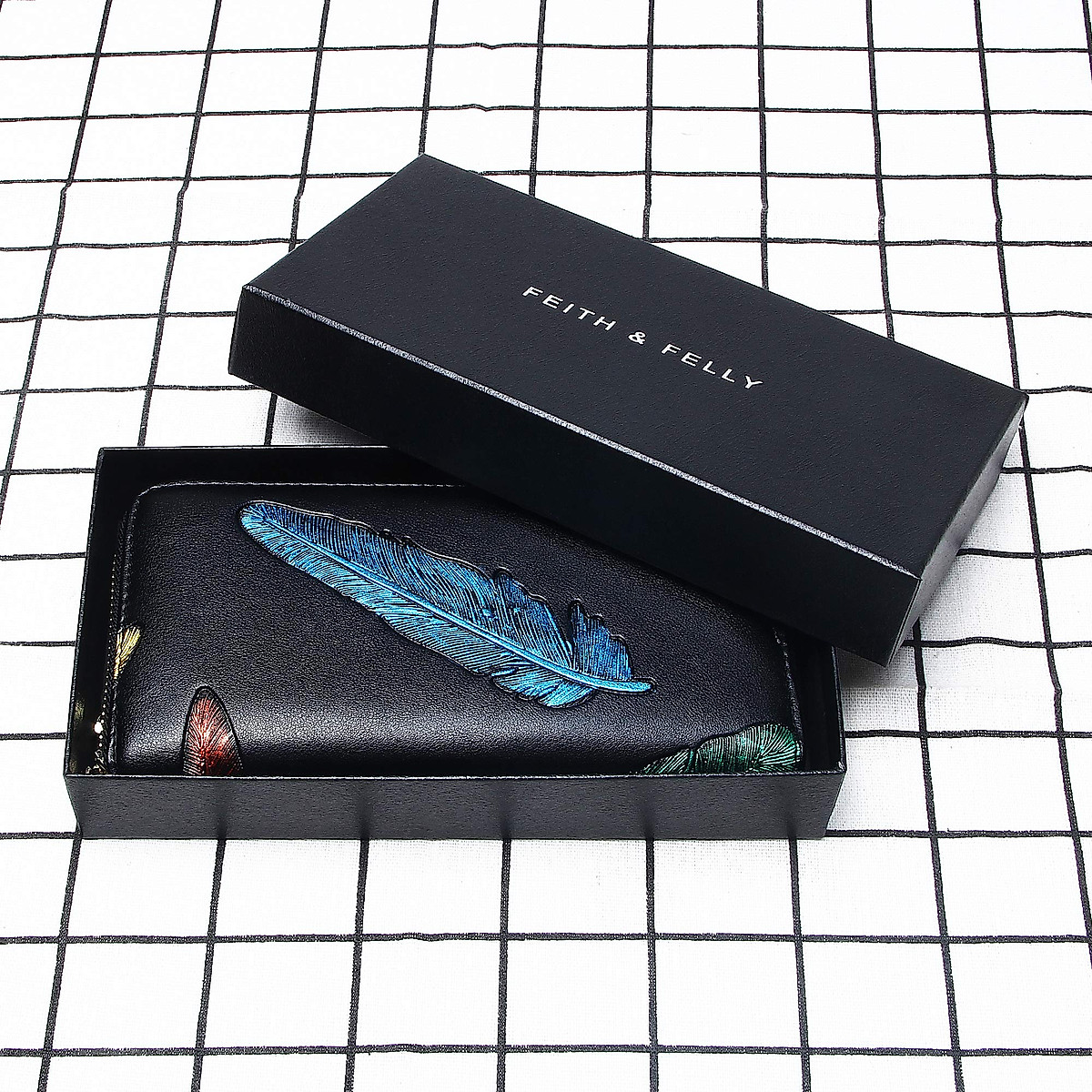 FEITH&FELLY Women RFID Blocking Wallet Embossed Genuine Leather Wristlet Clutch Purse Handbag