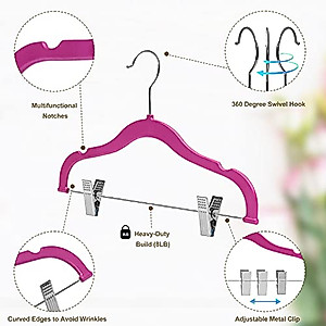 Quality Kids Children's Plastic Non Velvet Non-Flocked Thin Compact Skirt Pant Coat Hangers with Metal Clips for Skirts Pants Blouses 360° Swivel Hook, Jacket, Shirt, Legging, Suit Hangers (Pink, 10)
