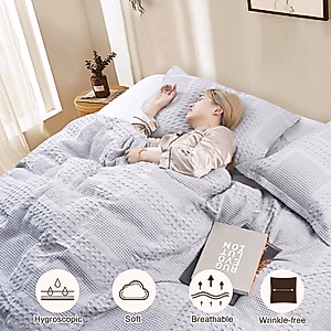 PHF 100% Cotton Waffle Duvet Cover Queen Size, 3 Pieces Soft Breathable Duvet Cover Set for All Season, Pre-Washed Decorative Textured Comforter Cover with 2 Pillow Shams, 90"x92", Light Grey