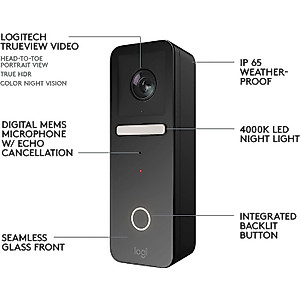 Logitech Circle View Apple HomeKit- Enabled Wired Doorbell TrueView Video, Face Recognition, Color Night Vision, and Head-to-Toe HD Video - Black (Renewed)