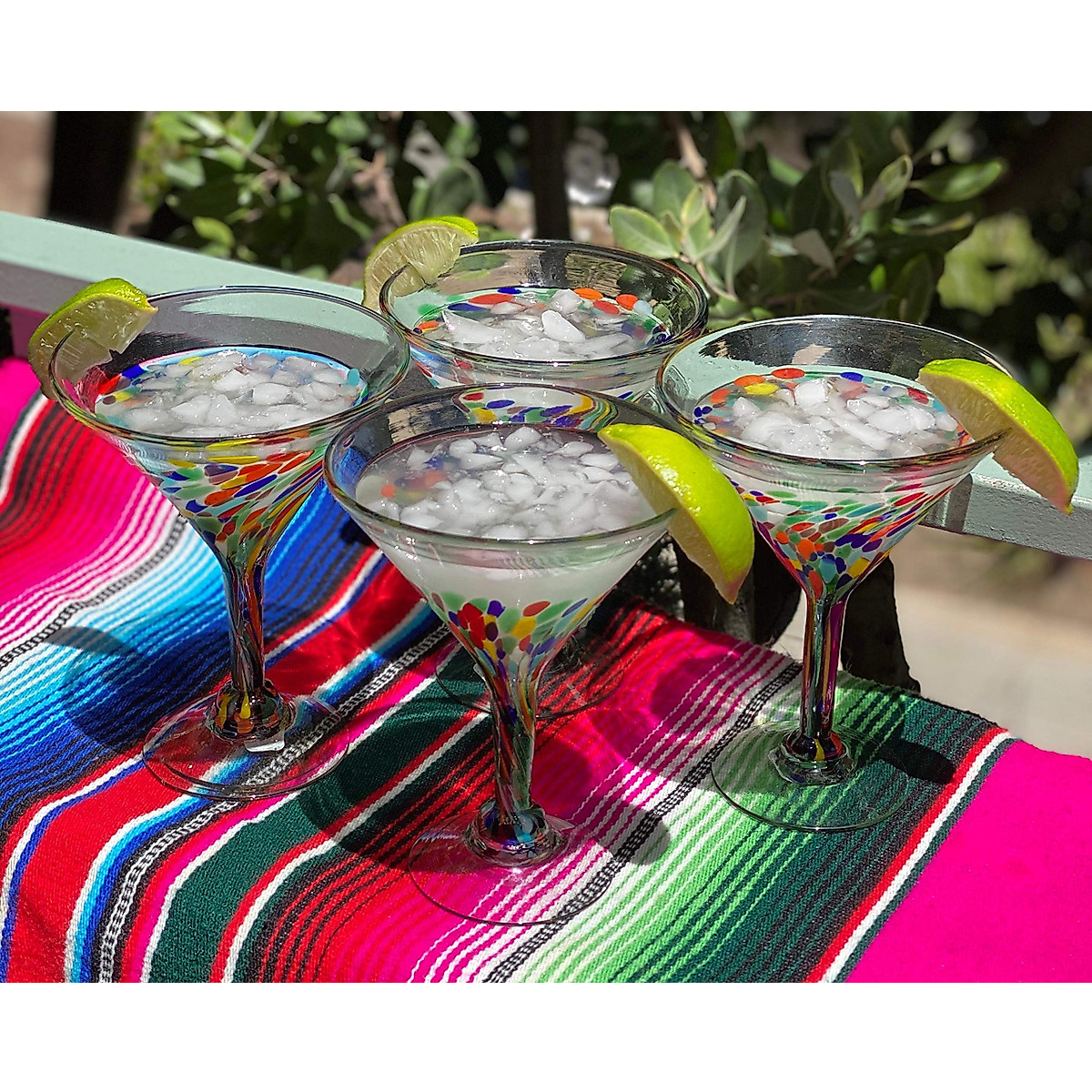 Dos Sueños Mexican Hand Blown Glass – Set of 4 Hand Blown Modern Margarita Glasses - Confetti Carmen (12 oz)