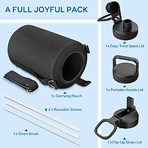 Coolflask Gallon Water Bottle Insulated with Straw&3 Lids, 128 oz Water Jug Large Stainless Steel Metal Vacuum Wide Mouth for Sports, Gym or Office, Non-BPA Keep Cold 48H Hot 24H, Magic Black