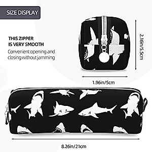 Ykklima Leather Pencil Case - Cute White Shark Fierce Black Pattern, Stationery Bag Pen Organizer Makeup Cosmetic Holder Pouch for School Work Office College