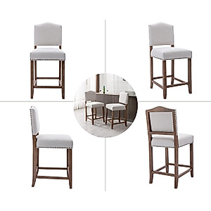 EALSON Farmhouse Bar Stools Set of 2 Bar Height Kitchen Barstools with Back Mid Century Modern Wooden Bar Chairs Linen Upholstered High Counter Stools for Home Bar/Island/Pub, 30 Inch Beige