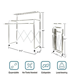 RYGOAL Clothing Racks for Hanging Clothes, 3 Tier Heavy Duty Garment Rack with Retractable Hanging Pole and 360° Rolling Casters, Multifunctional Bedroom Clothes Rack Freestanding Closet Wardrobe Rack