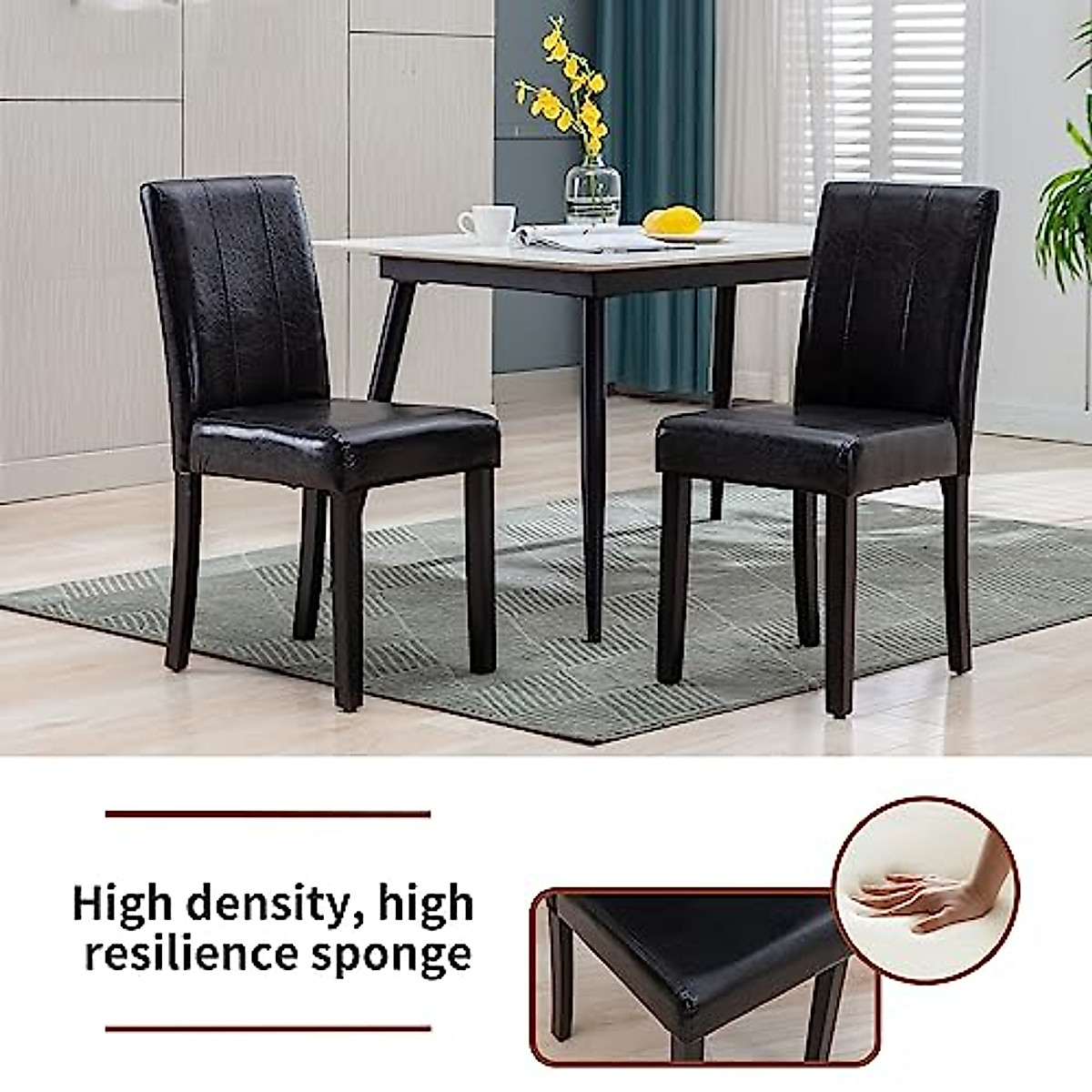 CRECQ Upholstered Dining Chair Set of 2 PU Leather Living Room & Dining Room Chairs,Modern Kitchen Armless Side Parsons Chair with Solid Wood Legs,Black