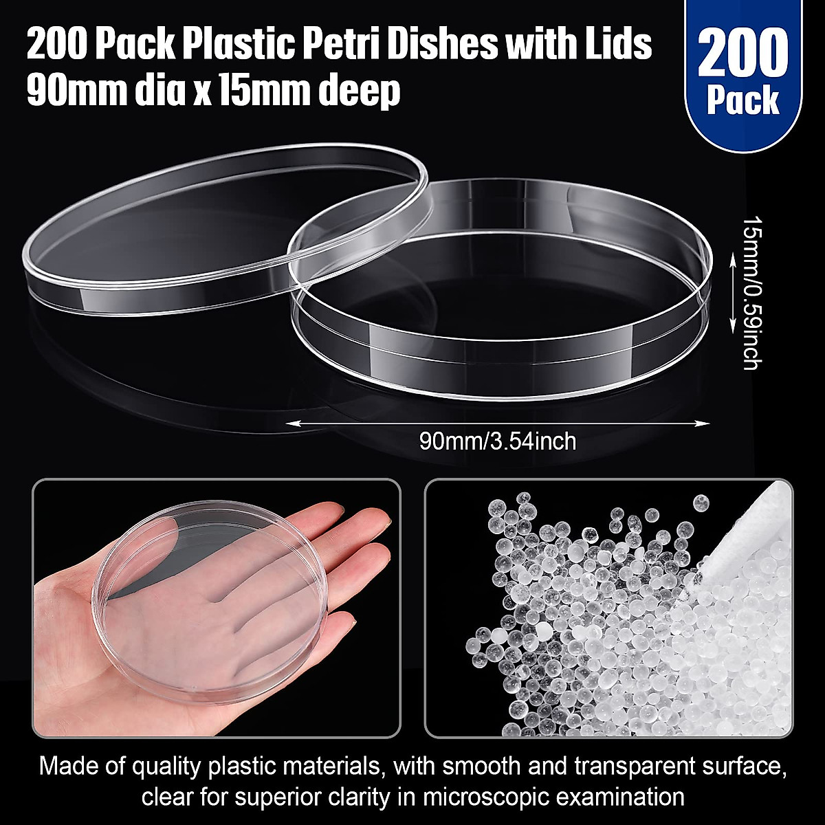 200 Pack Sterile Plastic Petri Dishes with Lids 90mm Dia x 15mm Deep Clear Thick Science Dish Lab Cell Culture Dishes for Lab Science Experiment Lab Analysis Equipment Projects Supplies