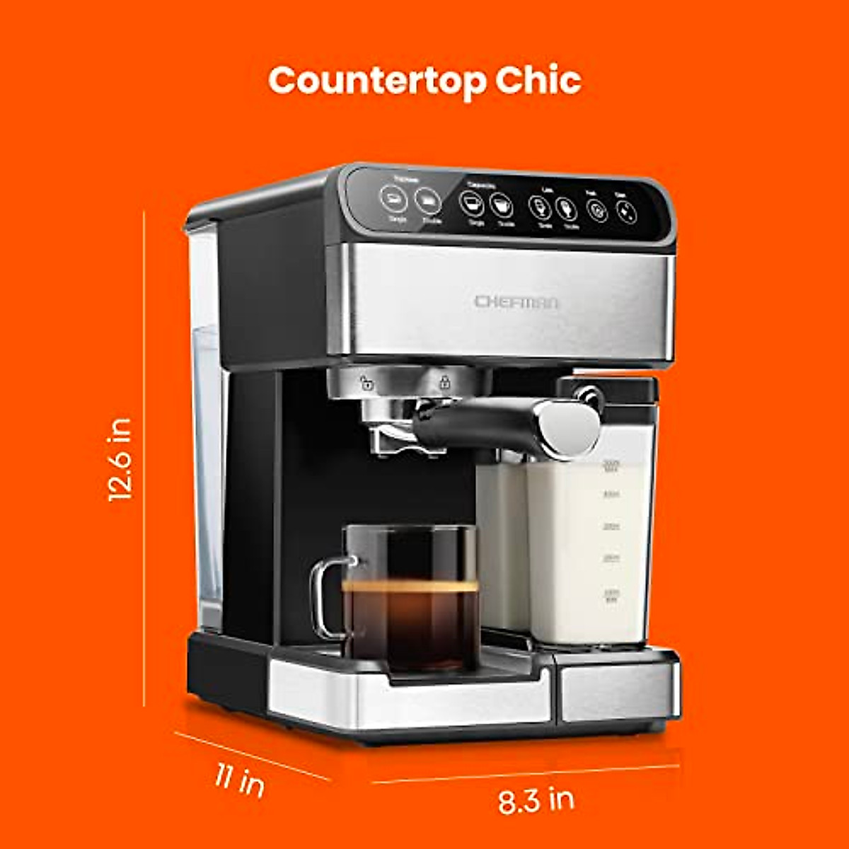 Chefman 6-in-1 Espresso Machine with Built-In Milk Frother, 15-BAR Pump, Digital Display, One-Touch Single or Double Shot Espresso for Cappuccinos and Lattes, XL 1.8-L Water Reservoir, Stainless Steel