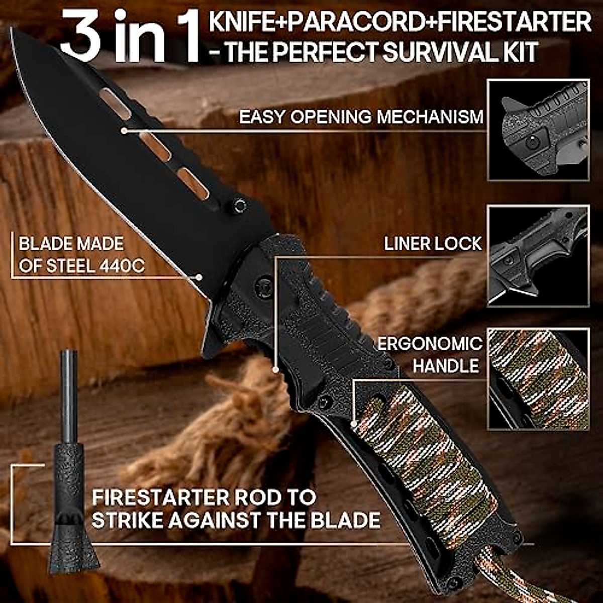 Grand Way Pocket Knife - Tactical Folding Knife - Spring Assisted Knife with Fire Starter Paracord Handle - Best EDC Survival Hiking Hunting Camping Knife - Knife with Firestarter and Whistle 6772