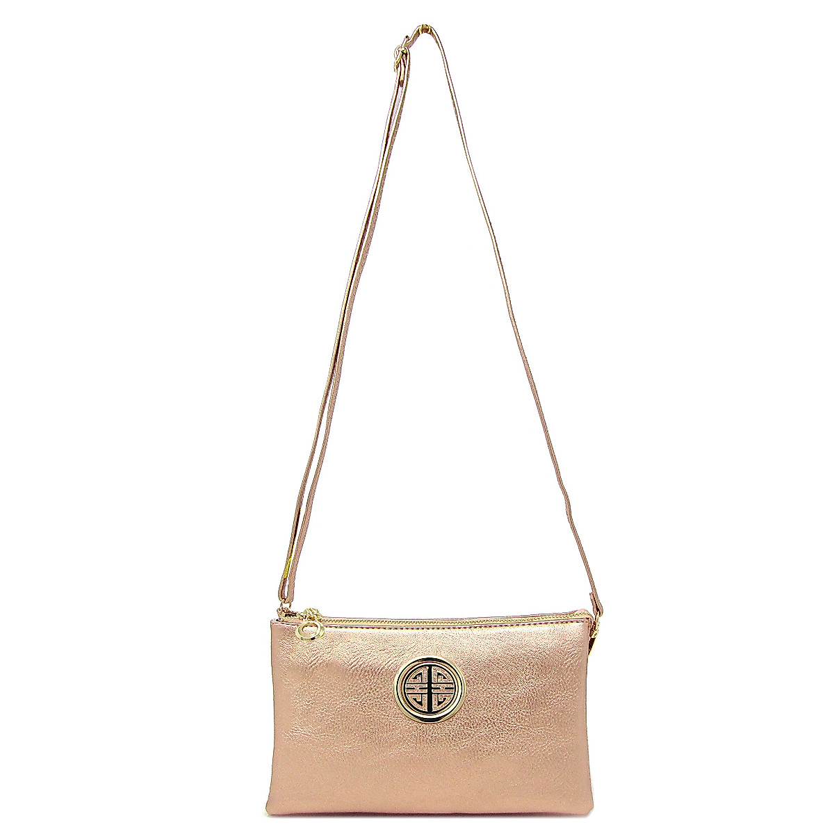 Solene Womens and Girls Multi Compartment Functional Emblem Crossbody Bag With Detachable Wristlet-WU020L(Rose Gold)