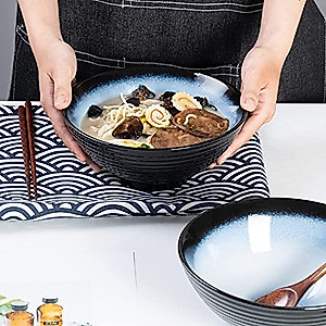 HOKELER Ceramic Japanese Ramen Bowl Set, 2 Sets 8 inch 40 Ounce Asian Pho Udon Noodle Bowls with Spoons and Chopsticks (Black/Blue)
