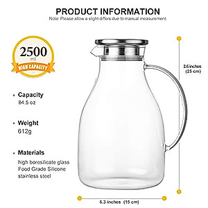 85 Ounces Glass Pitcher with Filter Lid/Water Carafe for Homemade Juice & Iced Tea,Stovetop Safe Beverage Jug