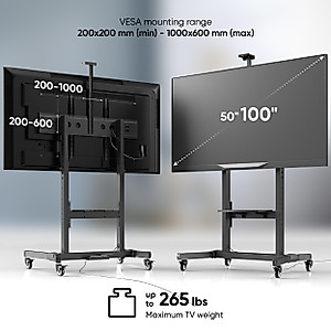 ONKRON Mobile TV Stand for 50-100 Inch TV up to 265 lbs, Heavy Duty TV Stand Adjustable Height with +5/-5° Tilt - max VESA 1000x600 Portable TV Stand on Wheels/TV Cart Rolling TV Stand Tall Black