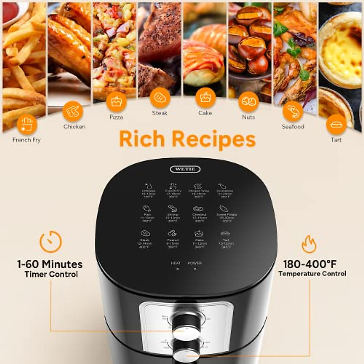Air Fryer, WETIE 4 Quart Small Air Fryer, 5-in-I Less Oil Airfryer, 1400W Air Fryer Oven Pizza Cooker, Non-Stick Fry Basket, Over Heat Protection, Timer+Temperature Control Air Fryers(Black)