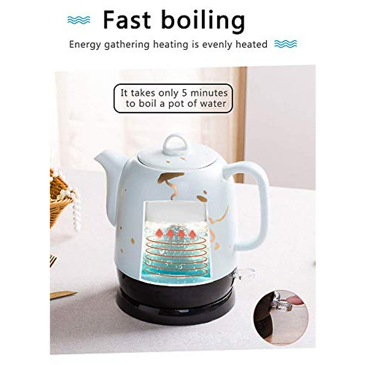 SieHam Kettles,Ceramic Cordless Kettle Teapot-Retro Red 1.5L, 1380W Water Fast for Tea, Coffee, Soup, Oatmeal-Removable Base, Boil Dry Protection