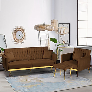 ACMEASE 2 Pieces Velvet Sofa Set with Adjustable Armrest and Backrest, 70” Convertible Futon Sofa Bed & Mordern Accent Chair with Ottoman for Living Room, Bedroom, Brown