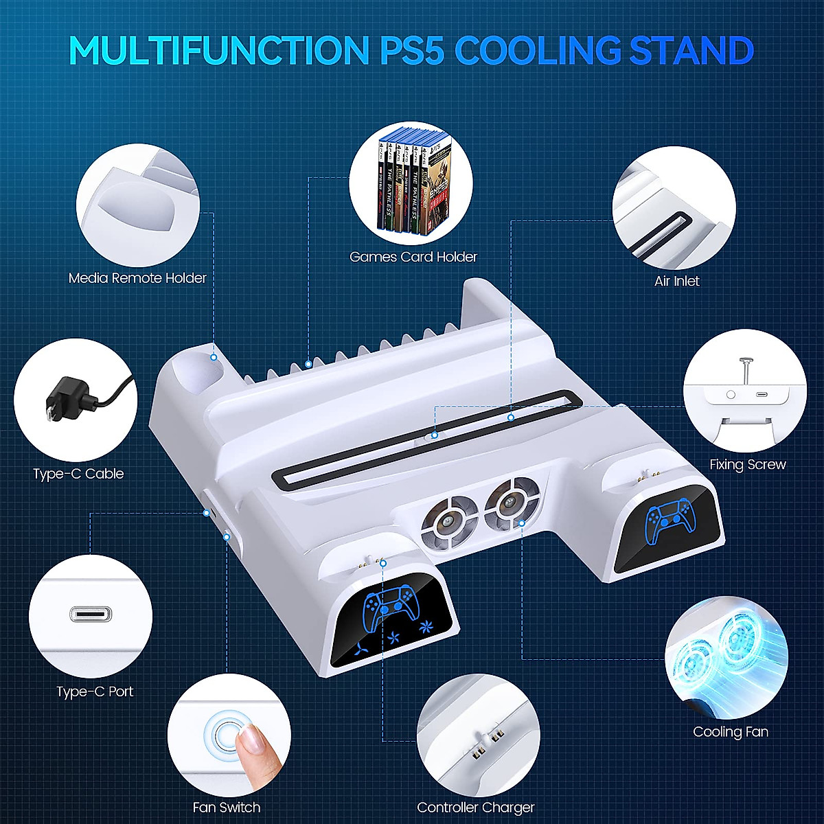 DAICEL PS5 Station with Charger for DualSense Controllers, Dual Cooling Fan Stand for PS5, Dock Accessories Compatible with PS5, Remote Holder and 11 Games Storage for PS5 Vertical Stand (White)
