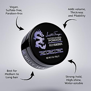 Billy Jealousy Lunatic Fringe Water-Based Pomade for Men, Strong Hold, High Shine, Water Soluble and Vegan Hair Product Ideal for Medium to Long Thick Mane, 3 oz