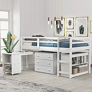 Harper & Bright Designs Twin Loft Bed with Desk, Low Study Loft Bed Frame with Storage Cabinet and Rolling Portable Desk for Kids and Teenagers, Twin Size, White