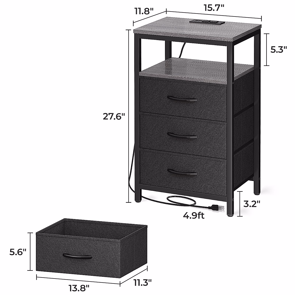 Huuger Nightstand with Charging Station, 27.6 Inch Side Table with Fabric Drawers, End Table Bedside Table with USB Ports and Outlets, Night Stand for Bedroom, Charcoal Gray