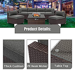 SUNBURY Outdoor 7 Piece Sectional Sofa Propane Fire Pit, Dark Brown Patio Furniture Set w 32-inch 40,000 BTU Square Wicker Fire Table Tank 20 gal Outside for Garden, Poolside, Backyard