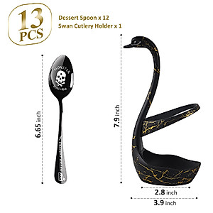 12 Pcs Skull Coffee Spoons Set With Large Black Swan Base Holder OIULO Stainless Steel 6.7-Inch Creative Dinnerware Set Goth Pattern Fruit,Dessert,Stirring, Mixing, Sugar, Stir, Cake Ice Cream