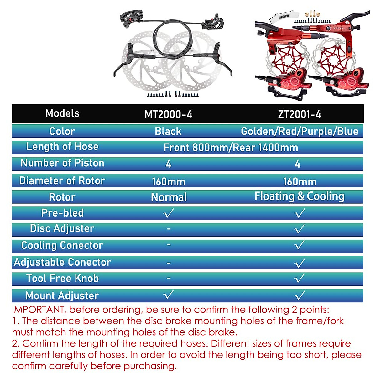 JFOYH 4-Piston MTB Hydraulic Brake Set with 160mm Floating Disc Rotors, Front and Rear Hydraulic Disc Brake Kit For MTB(Pre-bled, Left-Front/Right-Rear)-Golden