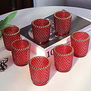 WOHO Red Votive Candle Holders for Table Centerpiece Set of 12, Tealight Candle Holder Bulk with Gold Rim, Glass Tea Lights Candle Holder for Christmas, Holiday and Dating Decor