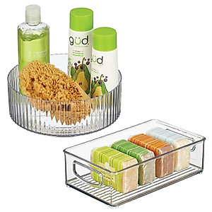 mDesign Plastic Stackable Bin with Handles and 9" Round Fluted Lazy Susan Turntable Plastic Spinner Combo Set for Organization in Bathroom, Closet, Cabinet, or Vanity Countertop - Set of 2 - Clear