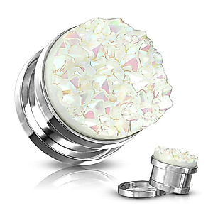 Pierced Owl Stainless Steel White Druzy Stone Screw Fit Plug Gauges, Sold As Pair (6mm (2GA))