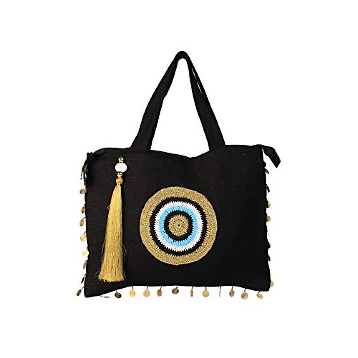 KarensLine Handmade Evil Eye Jute Beach Bags and Totes Eco-Friendly Sustainable Black Gold Eye Tote Bag for Women Zipper Top with Crystals and Tassels Water Resistant with Wipeable Inner Lining, Large