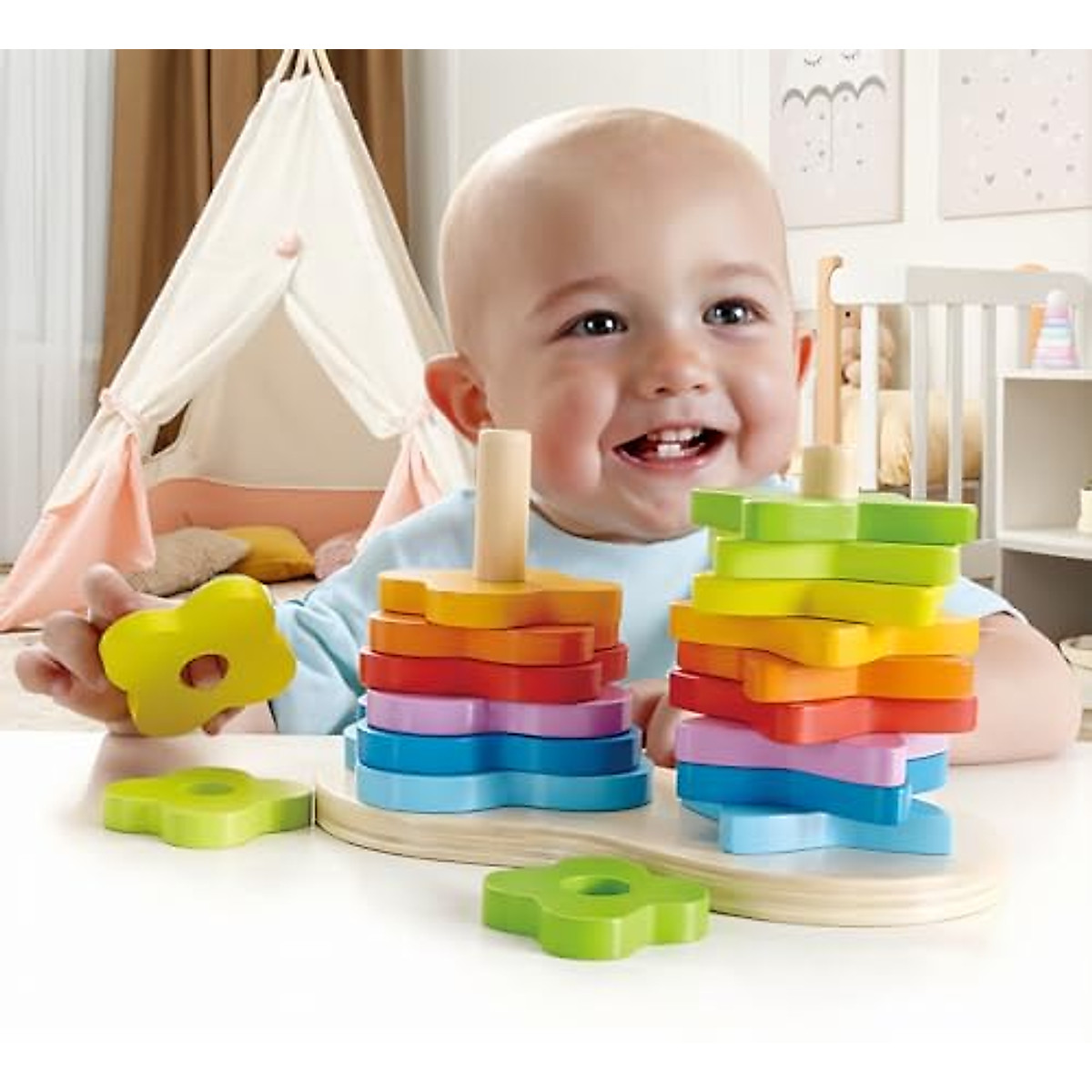 Hape Wooden Double Rainbow Stacker Set| Color Recognition Stacker & Educational Learning Toys for Toddlers