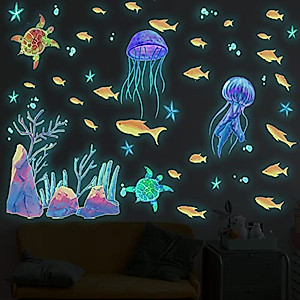 Glow in The Dark Sea Wall Decals, EsLuker.ly Ocean Theme Fluorescent Stickers Luminous Fish Turtle Jellyfish Wall Decor Underwater Sea World Wall Art for Kids Bedroom Nursery Decoration (Coral)