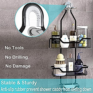 Trusthere Shower Caddy, Bathroom Hanging Shower Organizer, Over Head Shower Caddy Shower Storage Rack Basket with Hooks for Towels, Razor and Sponge Rustproof, Metal Black
