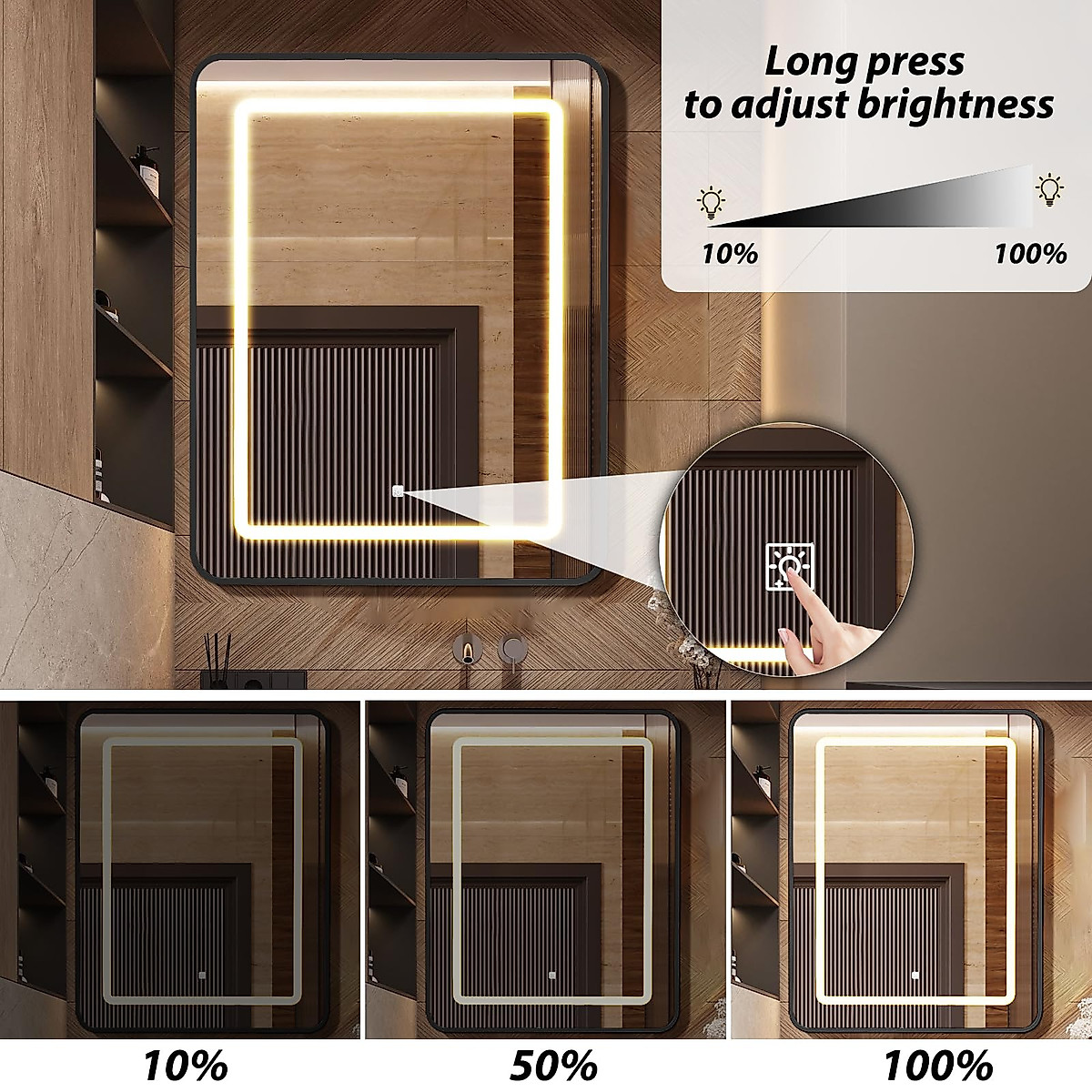 APRILSOUL 16X24 Inch Black Bathroom Medicine Cabinet with Mirror, Recessed or Surface Lighted Medicine Cabinet with 3 Colors Temperature, Dimmable Light