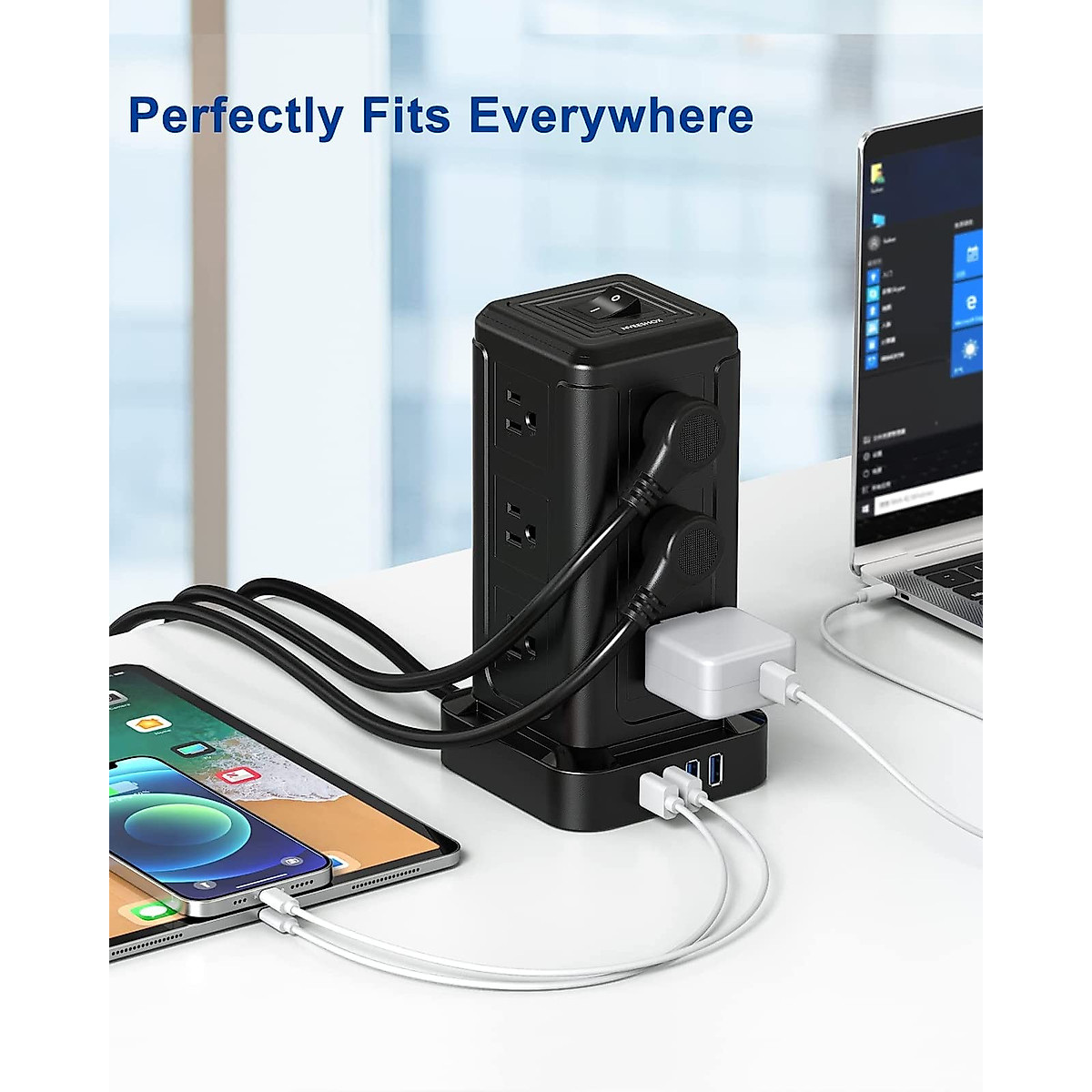 NVEESHOX Power Strip Surge Protector Tower with 12 Outlets 4 USB Ports, 10ft Long Extension Cord Multiple Outlets Charging Tower with Surge Protection, Overload Protection Fire Proof for Home Office