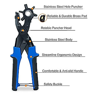 PeoTRIOL Belt Hole Punch, Heavy Duty Hole Punch, Leather Hole Puncher, Oval Hole Punch, Durable Watch Band Strap Shoe Hole Punching Tool Round Packed with a Ruler, Brass Pad, Screwdriver, Grinding Rod