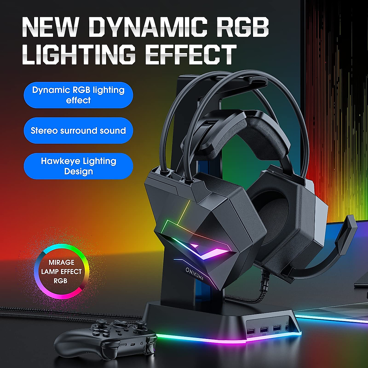 ONITOON Gaming Headset, PS4 7.1 Surround Gaming Headphones with Noise Cancelling Microphone, RGB Streamer Effect, Ultralight Comfortable Soft Flying Wing Head Beam for PS5, PSP, Laptop (7.1 Surround)