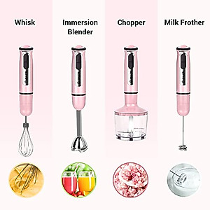 Immersion Hand Blender, ISILER 5-in-1 500-Watt Multi-Purpose Stick Blender with 860ml Food Chopper, 600ml Container, Milk Frother, Egg Whisk, 8-Speed for Puree Infant Food Smoothies Soups Pink
