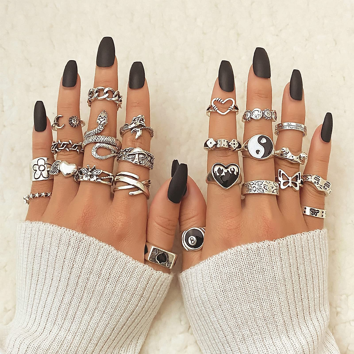 IFKM 15-63 PCS Vintage Silver Knuckle Rings Set for Women Teen Girl, Stackable Joint Finger Statement Rings Bohemian Retro Hollow Carved Midi Rings, Boho Y2k Snake Butterfly Heart Chunky Stacking