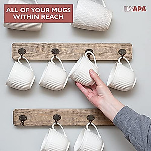 Ilyapa Rustic Wooden Coffee Mug Rack, Wall Mounted Mug Holder for Cups - 12 Hook Brown Wooden Display Rack for Kitchen Storage and Mug Collection