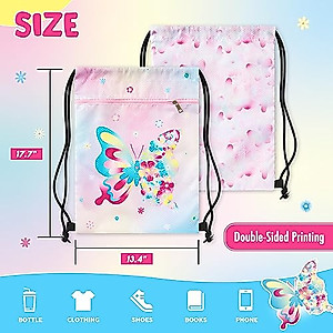 WAWSAM Butterfly Drawstring Backpack for Kids - 13" x 18" Sports Gym Bag for Girls Waterproof Beach Swimming Travel Sackpack Birthday Christmas Gift with Zippered Pocket