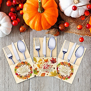 Thanksgiving Cutlery Holder Gold Foil with Give Thanks Maple Leaf design, Utensil Holder for Autumn Harvest Party Table Decorations, 24 pack, Mix 2 designs