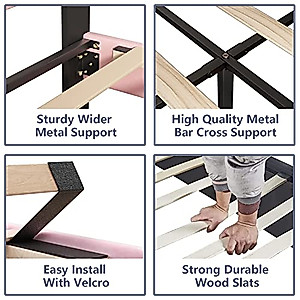 UNIZONE Queen Size Upholstered Bed Frame with Tufted Headboard, Velvet Platform Bed with Headboard, Wood Slats Support, Mattress Foundation, No Box Spring Needed, Easy Assembly, No Squeak, Pink