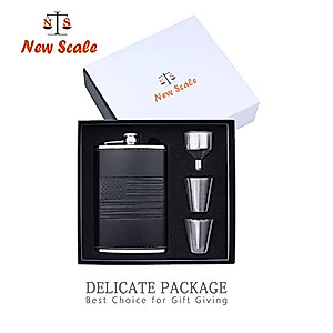 New Scale American Flag Flask Set, 8 Oz Flasks for Liquor for Men with Funnel & 2 Cups , 18/8 Stainless Steel Alcohol Drinking Flask for Men Great Gift Box（Black Leather）