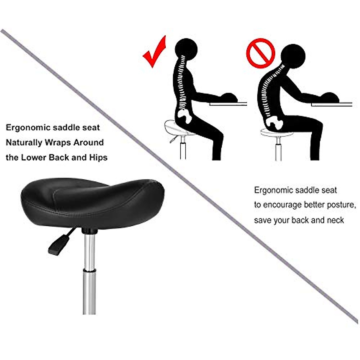 Kaleurrier Ergonomic Rolling Swivel Saddle Stool with Wheels,Hydraulic Pneumatic Lifting Height Adjustable Lightweight Chair for Clinic Hair Salon Massage Lab Kitchen Home Office (Black, Without Back)