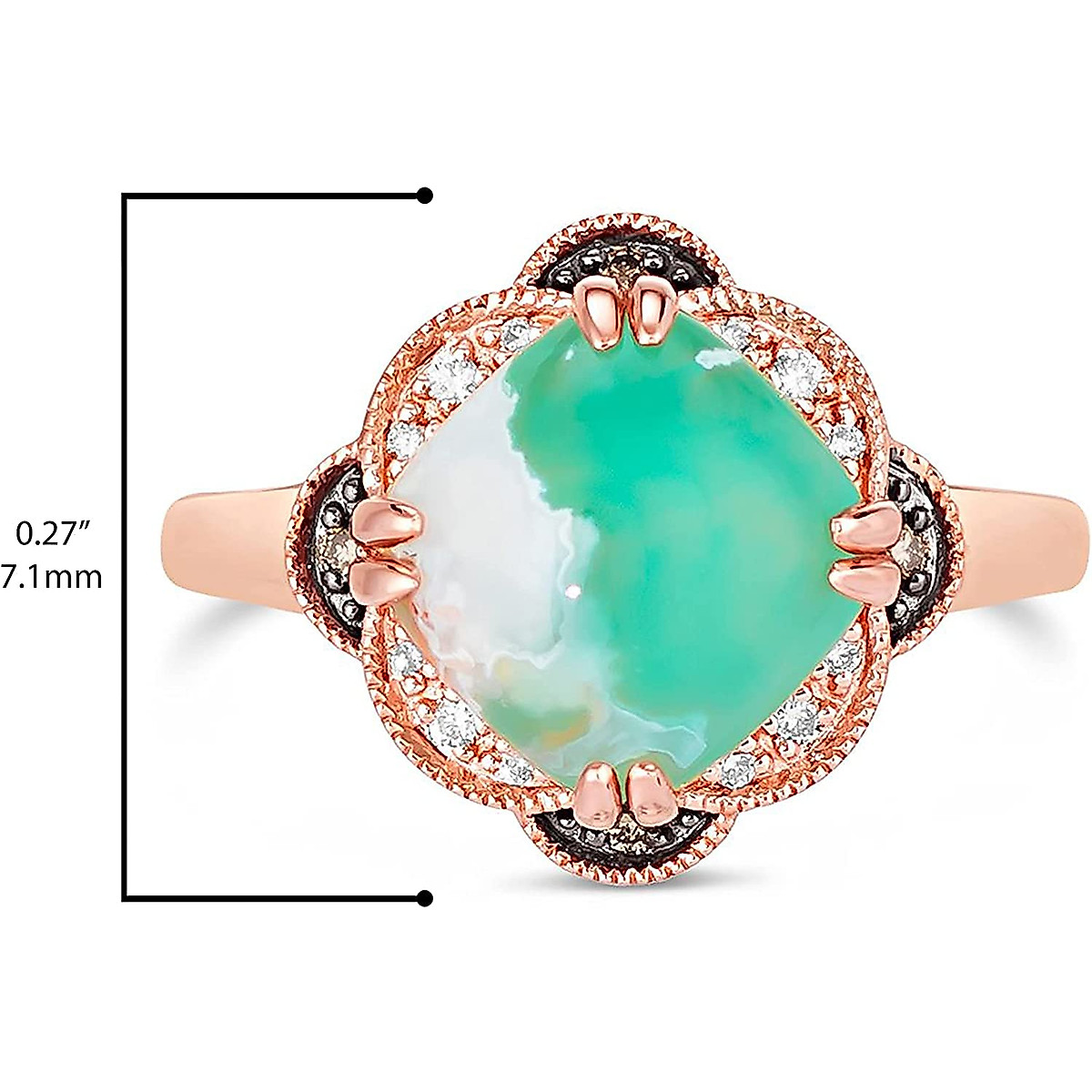 LE VIAN 3 1/4 Carat Cushion Shaped Green Aquaprase Cabochon White Topaz and Smoky Quartz Milgrain Flower Statement Ring for Women in 14k Rose Gold Plated 925 Sterling Silver Promise Ring Size 10