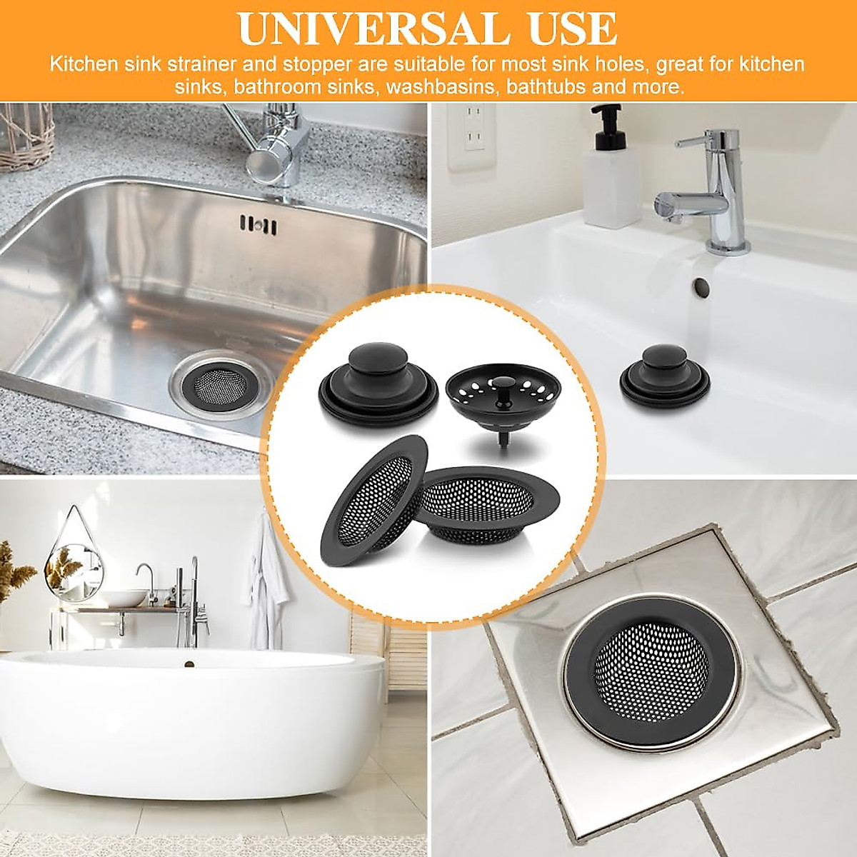 Kitchen Sink Stopper Strainer Set, 2 Stainless Steel Mesh Sink Drain Basket +1 Sink Drain Strainer +1 Sink Stopper for Kitchen Bathroom Sinks Bathtubs Replacement Sink Accessories(Black)