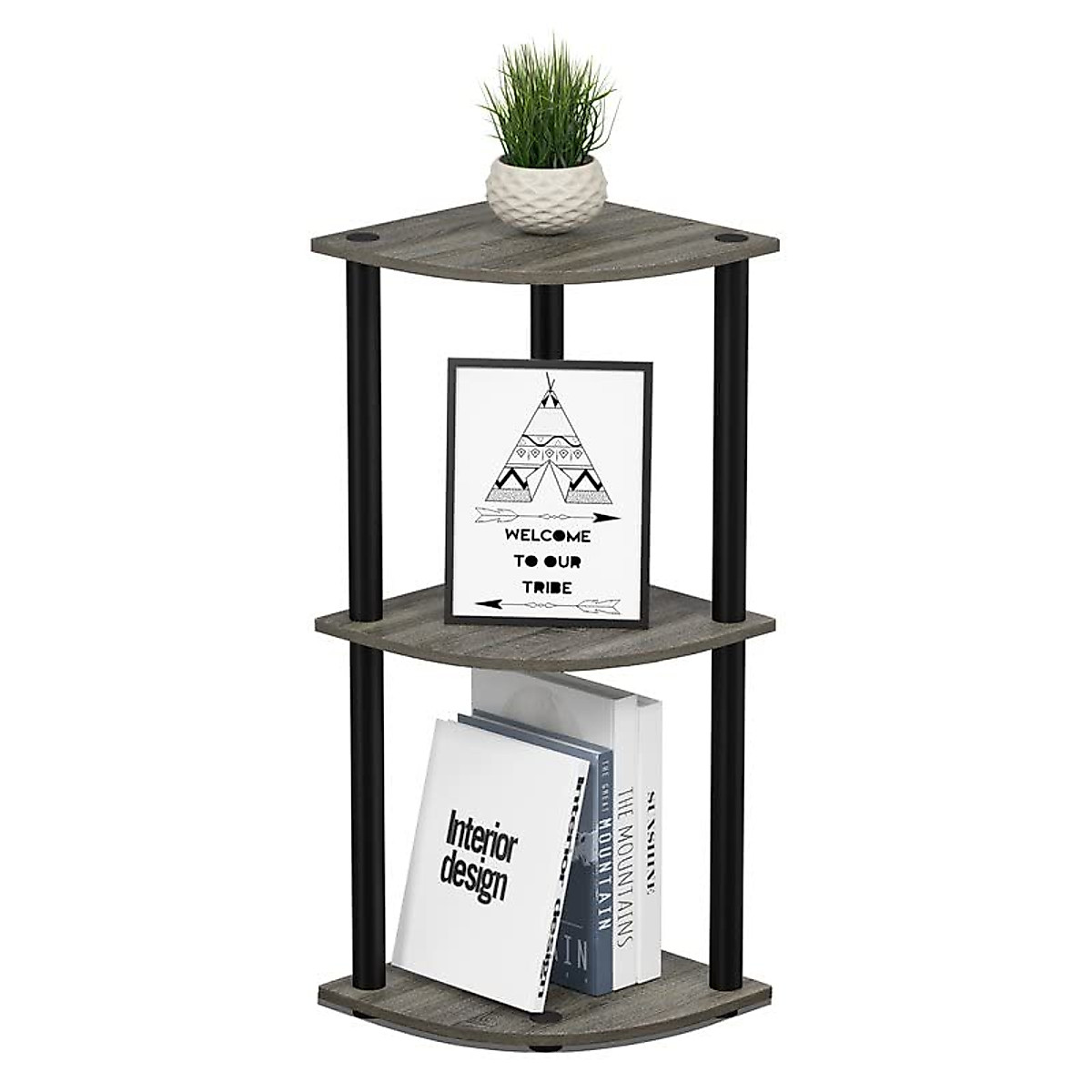 Furinno 3-Tier Corner Display Rack and End Table Bundle (12077GYW/BK, French Oak Grey/Black)