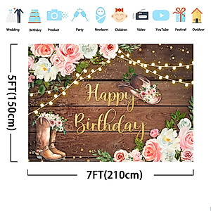 SVBright Cowgirl Birthday Backdrop for Woman 7Wx5H Western Rustic Country Wooden Plank Pink Flower Happy Birthday Baby Shower Wood Hat Retro Decoration Photography Background Banner Photo Booth Studio